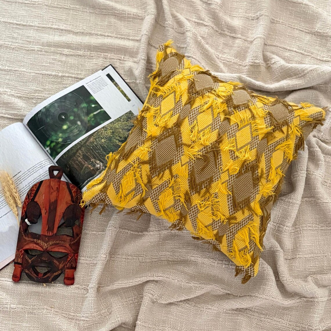 Ochre & Beige Jacquard Throw Cushion Cover, Golden Savanna – The ...